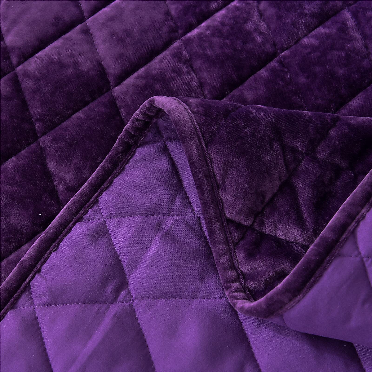 Fredsure Distressed Velvet Quilt Set, 3 Pieces Purple Queen, Distressed Velvet Face and Brushed Microfiber Reverse with Diamond Quilting