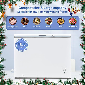 SMETA Deep Freezer, Chest Freezer 10.5 Cubic Feet, Chest 4 Wheels Adjustable Thermostat, Energy Saving for Garage, Kitchen, Office, Meat, Commercial with 3 Baskets, White