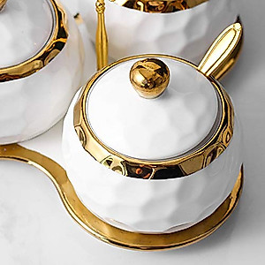 BIHOIB Golf Porcelain Sugar Bowl Condiment Pot Salt Container with Lid, Spoon and Tray, Set of 3, Modern Spice Box Seasoning Jar, White and Gold