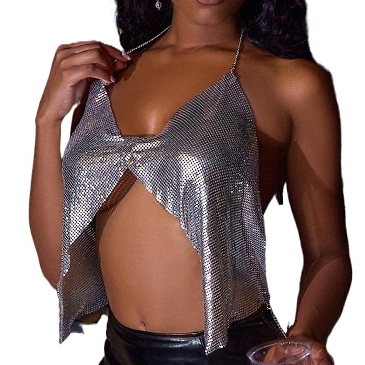 Edary Body Chain Sequin Halter Chain Silver Sequins Vest Crop Top Sparkly Chest Chain Jewelry for Women
