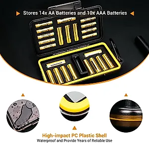 KIWIFOTOS AA AAA Battery Storage Case Holder with Detachable Battery Tester Checker, Hard Shell Battery Organizer Container for 14 Double A & 10 Triple A Battery, Water-Resistant and Shockproof