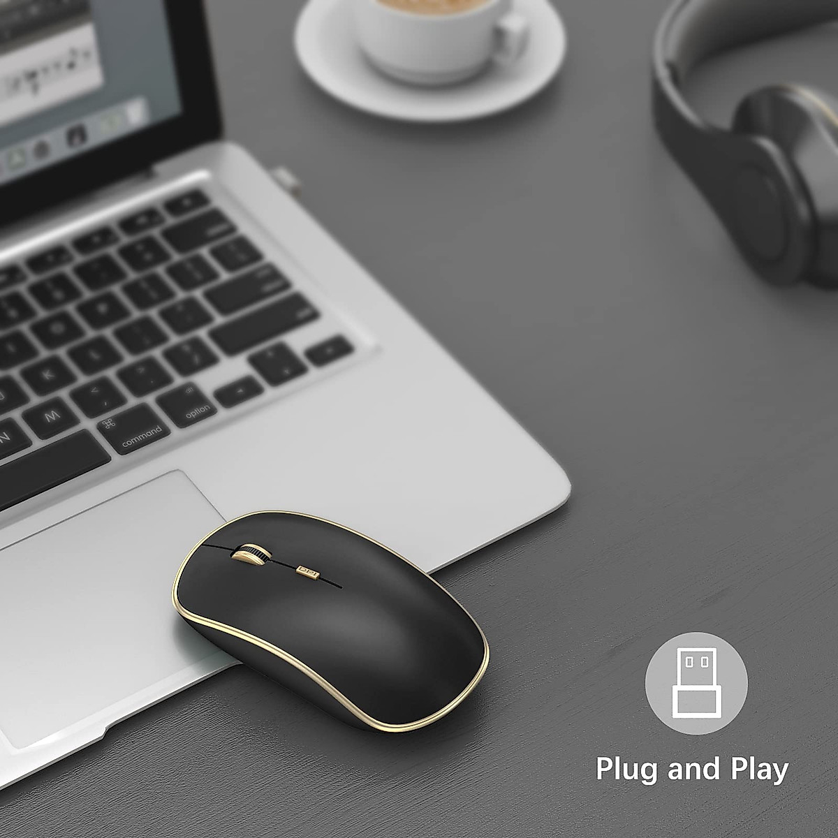 JOYACCESS J Silent Mouse Wireless, Portable Wireless Computer Mouse with 5 Adjustable DPI Levels, USB Mouse for Desktop, Notebook, MacBook, Chromebook, PC (Black Gold)