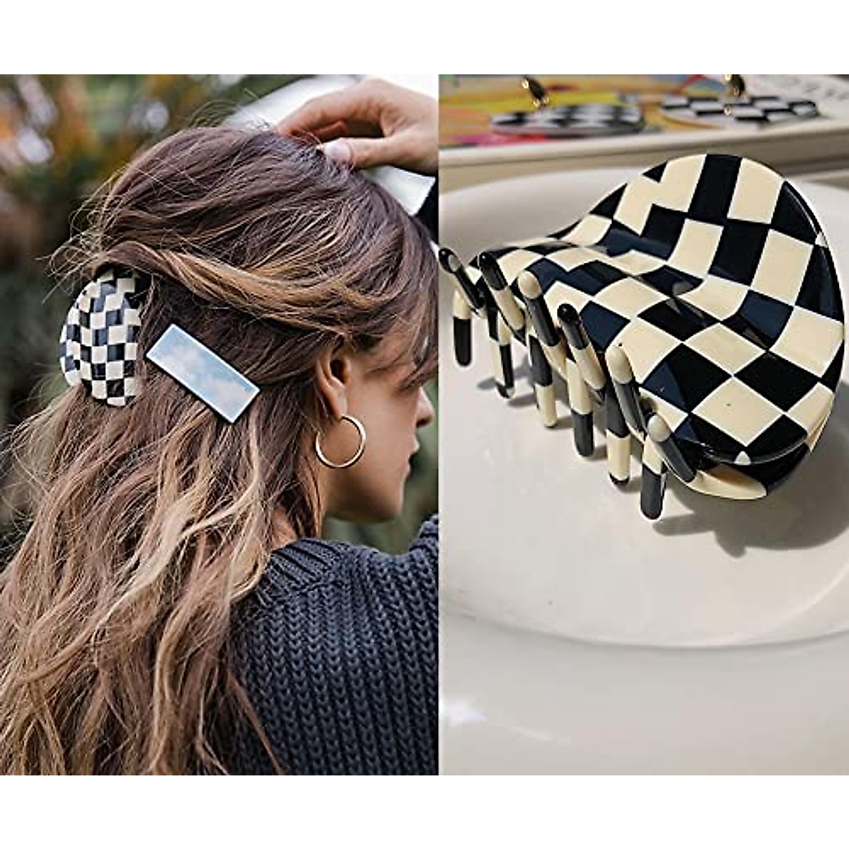 Checkered Hair Clip, Claw Banana Clips for Thick Hair Black White Jaw Clips French Tortoise Shell Grip Pin Teeth y2k Accessories for Women Girls (2Pack)