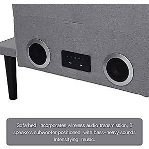 MWrouqfur 76" Convertible Folding Futon Sofa Bed with Bluetooth Speaker,Modern Linen Fabric Upholstered Sleeper Couch Bed,Recliner Loveseat with Armrest and 2 Pillows for Living Room,Bedroom,Office