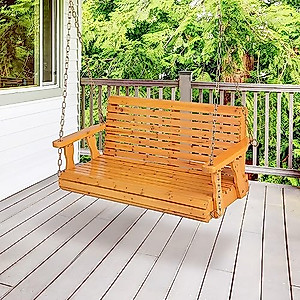 Tangkula 2 Person Hanging Porch Swing, Outdoor Bench Swing with Adjustable Chains, High Back, Cozy Armrests, Wooden Tree Swing Chair for Patio Backyard Deck Garden (Natural)