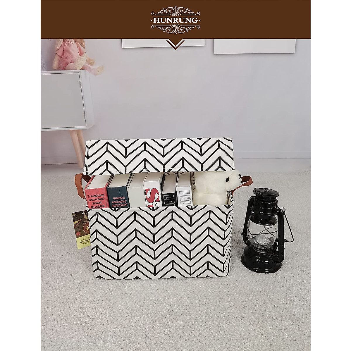 HUNRUNG Storage Boxes with Lids Rectangle/Square Storage Bins，Storage Basket Cute Canvas Organizer Bin for Pet/Children Toys, Books, Clothes Perfect for Rooms/Playroom/Shelves（Rec-Geometry-with lid）