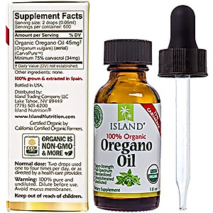 Island Nutrition, Oregano Oil Organic Liquid Drops - 100% Pure & Undiluted - USDA-Certified Organic (1 oz) 75% Carvacrol - Grown in Spain - Immune Support Supplement with Oil of Oregano.