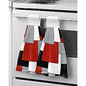 PIEPLE 2 PCS Kitchen Hand Towels, Irregular Geo Color Block Soft Plush Hanging Tie Towels with Loop for Kitchen Bathroom Dish Cloth Tea Bar Towel White Grey Black Red Abstract Geometric