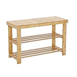 C&AHOME Shoe Rack Bench Bamboo, 3-Tier Shoe Organizer for Entryway, Shoe Storage Shelf Holds up to 240 LBS, Storage Benches Ideal for Bathroom Bench, Entryway, Hallway and Living Room, Natural