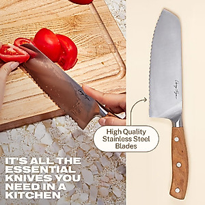 Cravings Essential 8-Piece Kitchen Knife Set with Slim Ashwood Storage Block, Full-Tang Design, Wooden Knife Block with Santoku, Carving, Bread, Utility, Chef’s, Cleaver, and Paring Knives