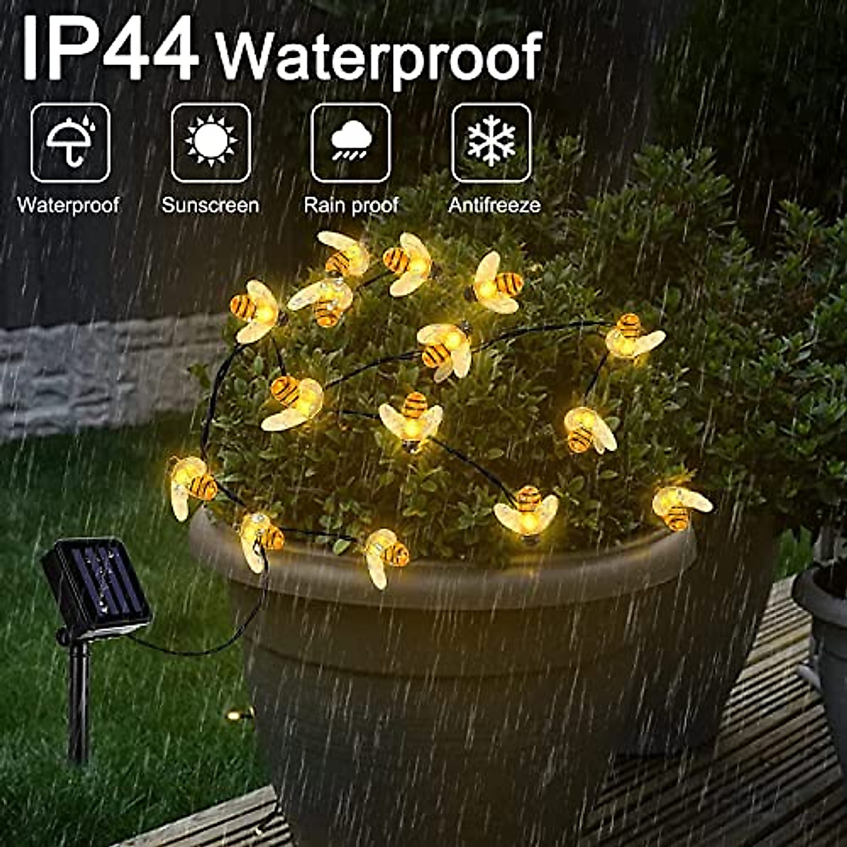 AIDDOMM 2 Pack Solar Bee String Lights - Each 27.5 ft of 30 LED Solar Fairy Lights, Cute Bee String Lights Outdoor Waterproof, for Outside Garden Bee Decoration, Patio, Party, 2 Modes
