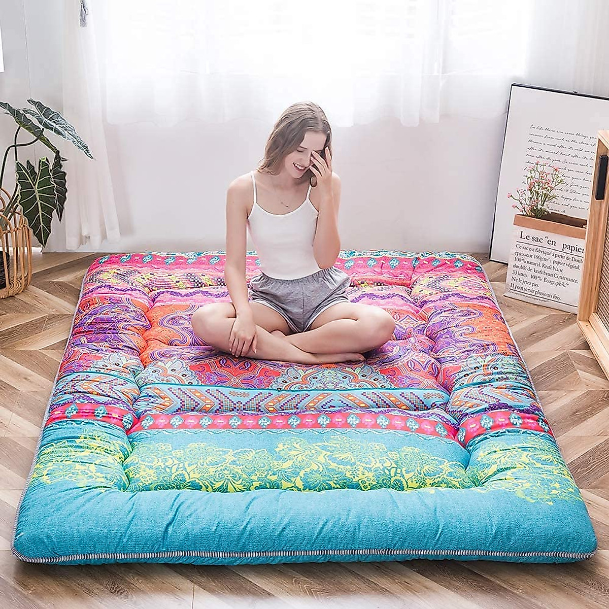 MAXYOYO Bohemian Retro Mattress Boho Floral Style Japanese Futon Mattress Tatami Floor Mat Foldable Lounger Portable Camping Sleeping Pad Couch Bed Twin Size