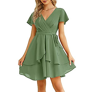 KOJOOIN Womens Skater Dresses Sexy V Neck Short Sleeve Tie Waist Solid Ruffle Boho Flowy Swing Mini Dress Olive Green