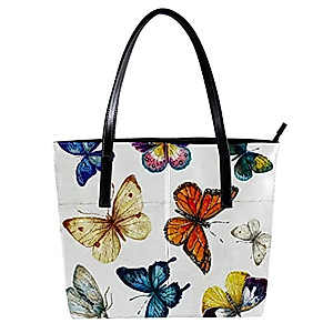 Women Tote Shoulder Bag, Vintage Colorful Butterflies jpg Leather Work Handbag with Zipper for Teens College Students