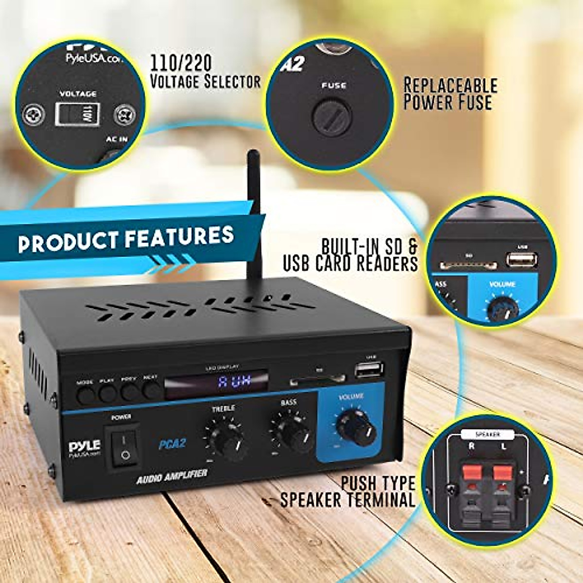 Pyle Home Home Audio Power Amplifier System 2X40W Mini Dual Channel Sound Stereo Receiver Box w/ LED For Amplified Speakers, CD Player, Theater via 3.5mm RCA for Studio, Home Use Pyle PCA2 Black