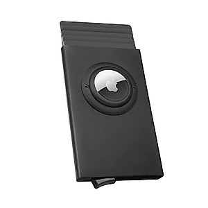 AirTag Card Holder Wallet with AirTag Holder, Pop Up Wallet RFID Blocking Slim Metal Bank Credit Card Case Holds 5 Cards (Black)