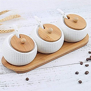 Porcelain Condiment Jar Spice Container with Lids - Bamboo Cap Holder Spot, Ceramic Serving Spoon, Wooden Tray - Best Pottery Cruet Pot for Your Home, Kitchen, Counter. White,170 ML (5.8 OZ), Set of 3
