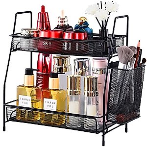 Bathroom Organizer with Basket, 2-Tier Bathroom Countertop Storage Shelf, Bathroom Counter Organizer, Skincare Organizer and Storage Kitchen Counter Organizers Spice Rack(Black)