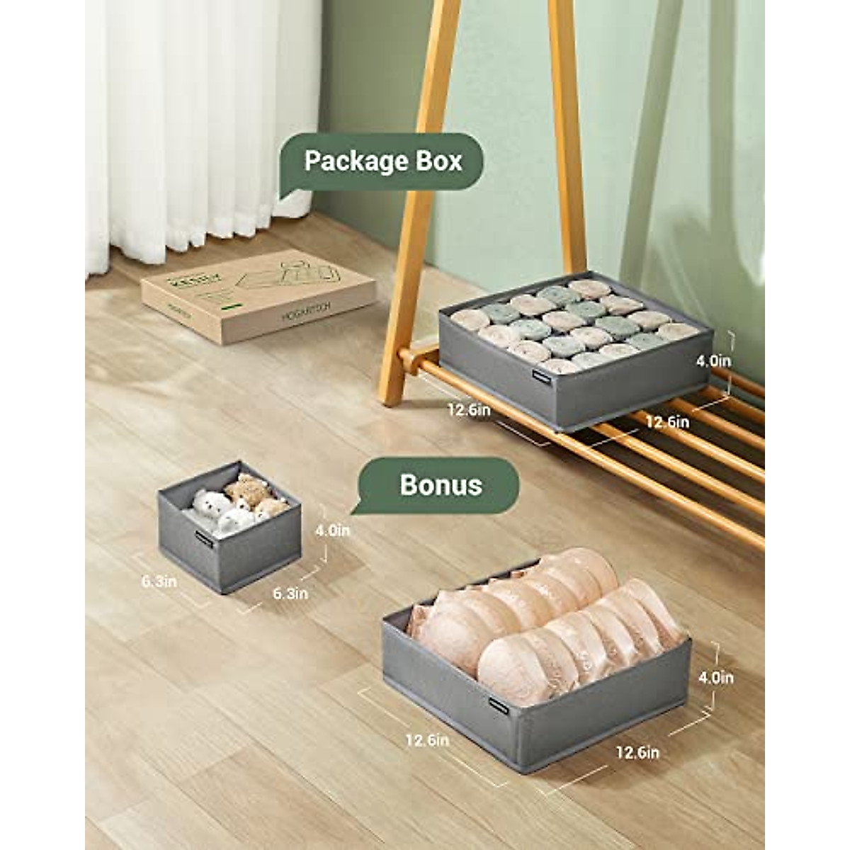 HogarTech Underwear Bra Orgainzer for Drawer, Sturdy Construction with Double Zippers, Durable Oxford Cloth, Removable Base Board Drawer Organizer for Sock, Clothing, Bra, 3 Pack, Grey