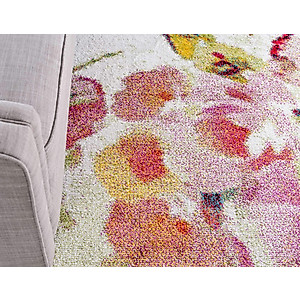 Unique Loom Lyon Collection Modern Watercolor Floral Area Rug, 9 x 12 ft, Ivory/Pink