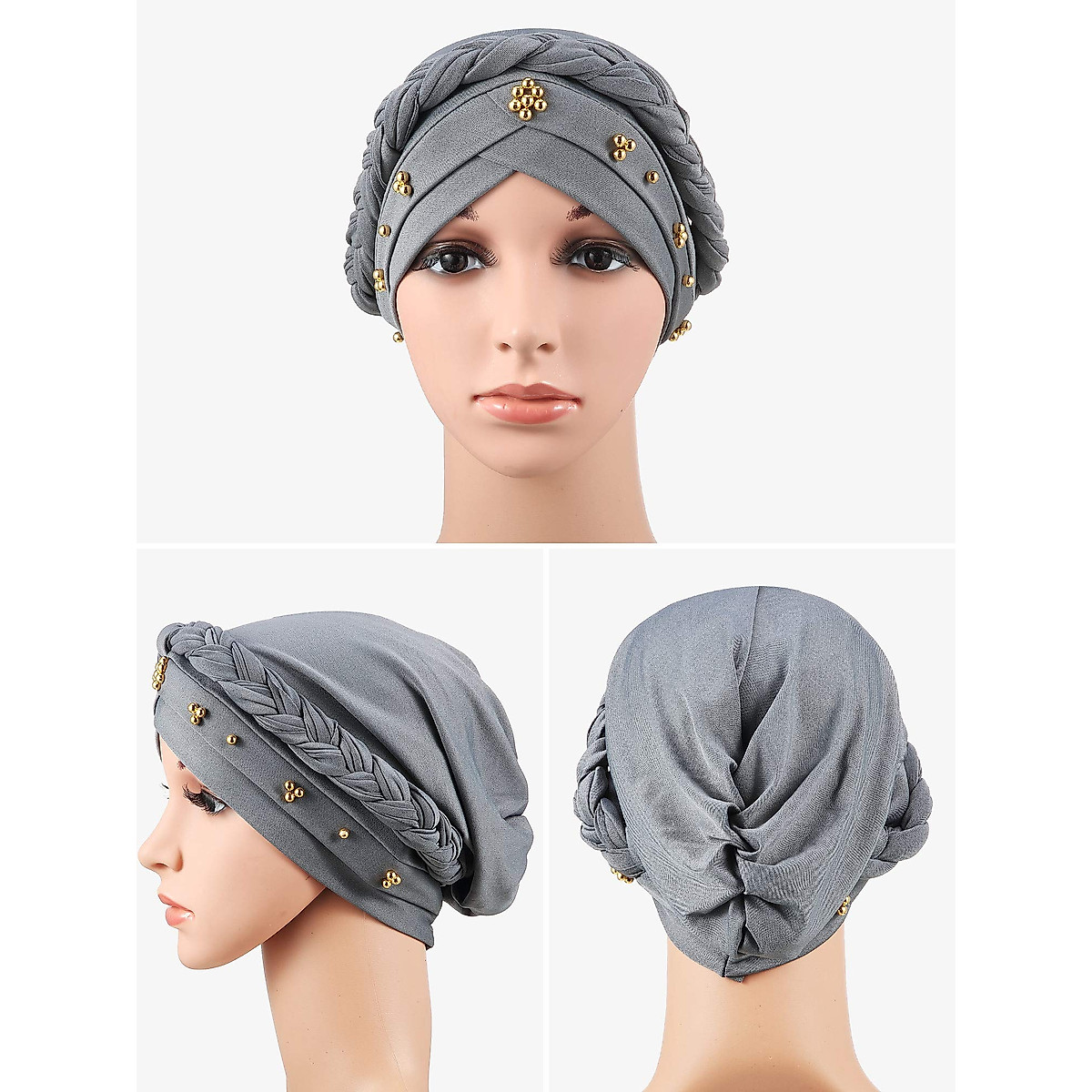 4 Pieces African Women Turban Cap Head Wraps Beaded Headscarf Beanie Wrap (Black, Grey, White, Red,Bead Style)