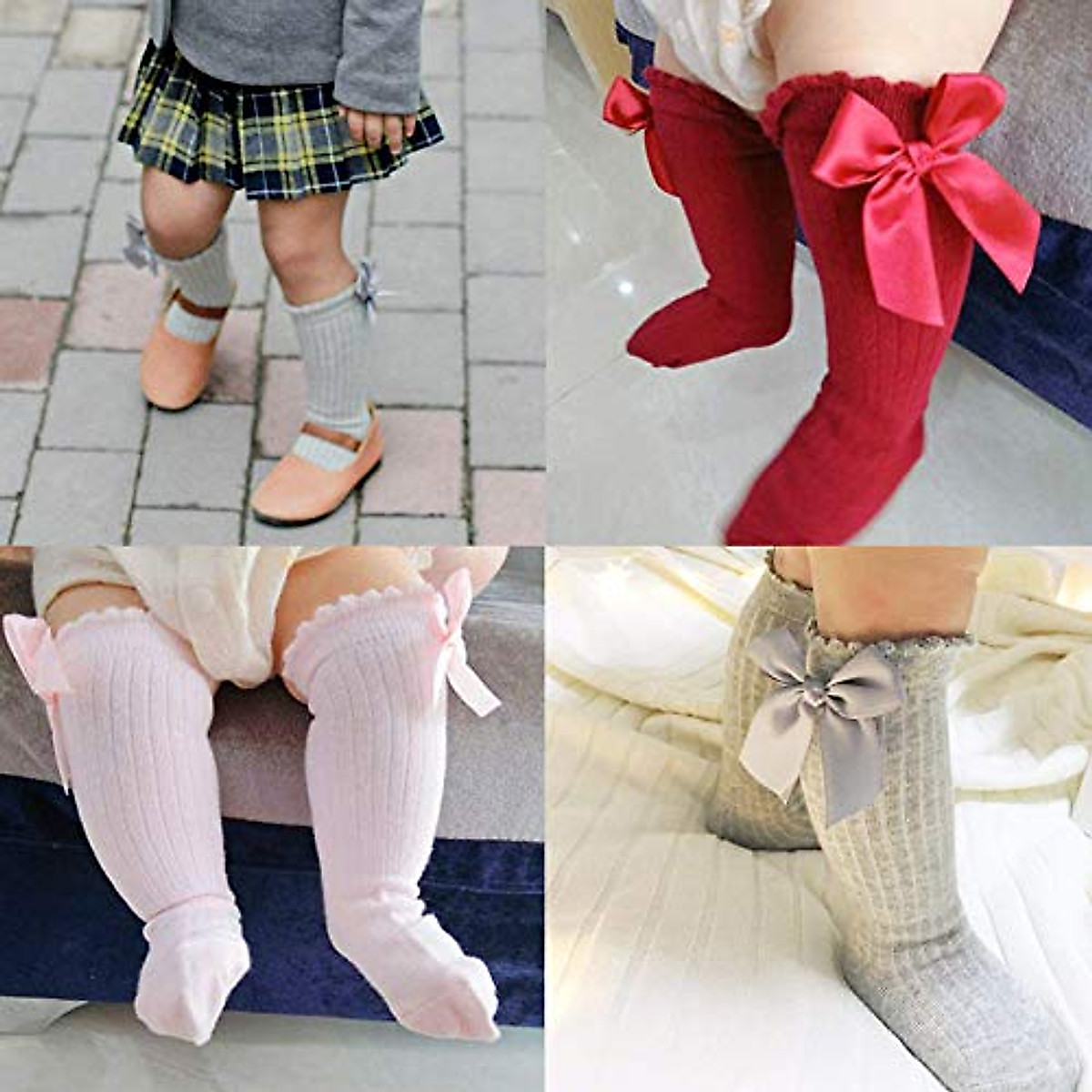 BSMTEBN 5Pairs Baby Kids Cotton Soft Breathable Knee-High Over Calf Socks Girls Striped Bowknot Bow Cute School Socks Infant Newborn Leg Warmers Stockings (M(2-4 Years))