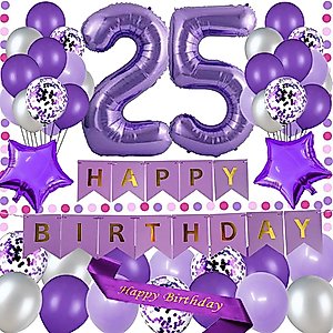 yujiaonly 25th Birthday Party Decorations Purple Happy Birthday Banner Purple 40inch Number 25 Happy birthday Sash Latex and Confetti Balloons for 25 Years Old Men Women