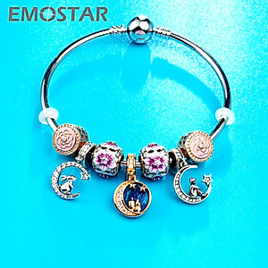 Rabbit on Crescent Moon Pendant Charms, fits Pandora Easter Bracelet, 925 Sterling Silver Bunny Animal Dangle Beads with CZ Moon Star, Gift for Christmas/Birthday/Pet Lover