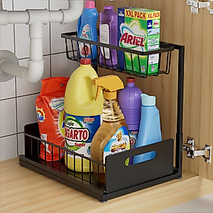 Organizer and Storage, Under Sink, Countertop, Bathroom Vanity Top, Cabinets, Tabletop Storage Organizer +GIFT 4 Hooks and Hanging Cup, 2 Tier, Bathroom or Vanity, Slide Out Shelf, Black Metal No rust