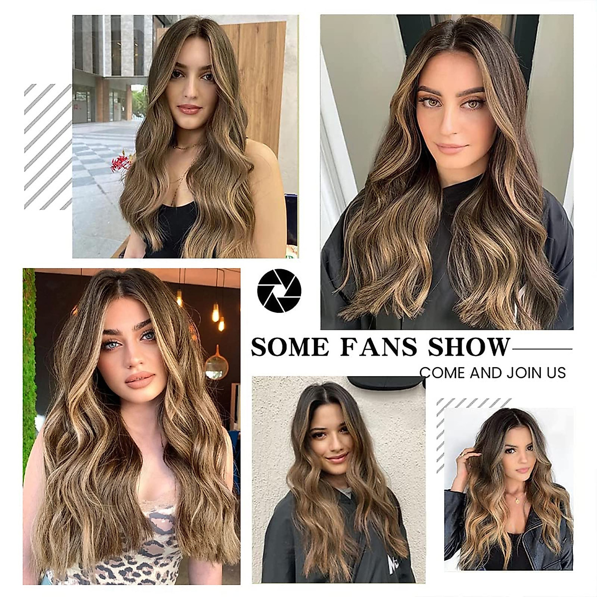 AISI QUEENS Long Wavy Ombre Wig Brown Mixed Blonde Synthetic Middle Part Wigs for Women Heat Resistant Hair Replacement Wigs for Daily Wear 20 Inch