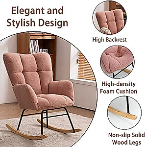 Krinana Teddy Fabric Nursery Rocking Chair, Rocker Armchair with Solid Wood Legs, Glider Chair Nursery with High Backrest for Living Room Apartment (Teddy Fabric,Pink)