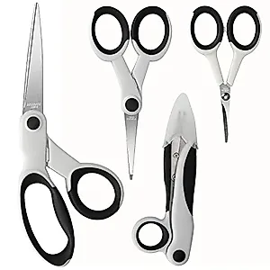 Premium Tailor Sewing Scissors Bundle, 8.1" Heavy Duty Sharp Fabric Scissors, 5.1"/4" Detail Embroidery Scissors, 5" Thread Snips with Comfort Grip (Grayish White)