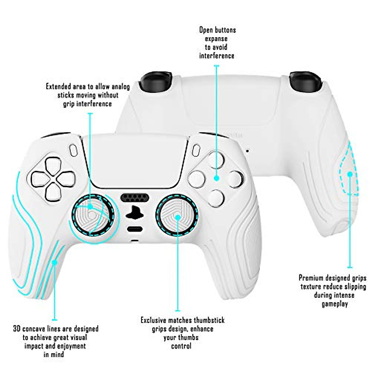 eXtremeRate PlayVital Samurai Edition White Anti-Slip Controller Grip Silicone Skin for ps5, Ergonomic Soft Rubber Protective Case for ps5 Controller with White Thumb Stick Caps