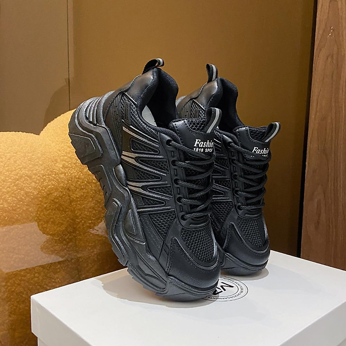 MAUGELY Women's Platform Mesh Casual Sports Shoes Fashionable Road-Running Walking Sneakers Size 8 Black