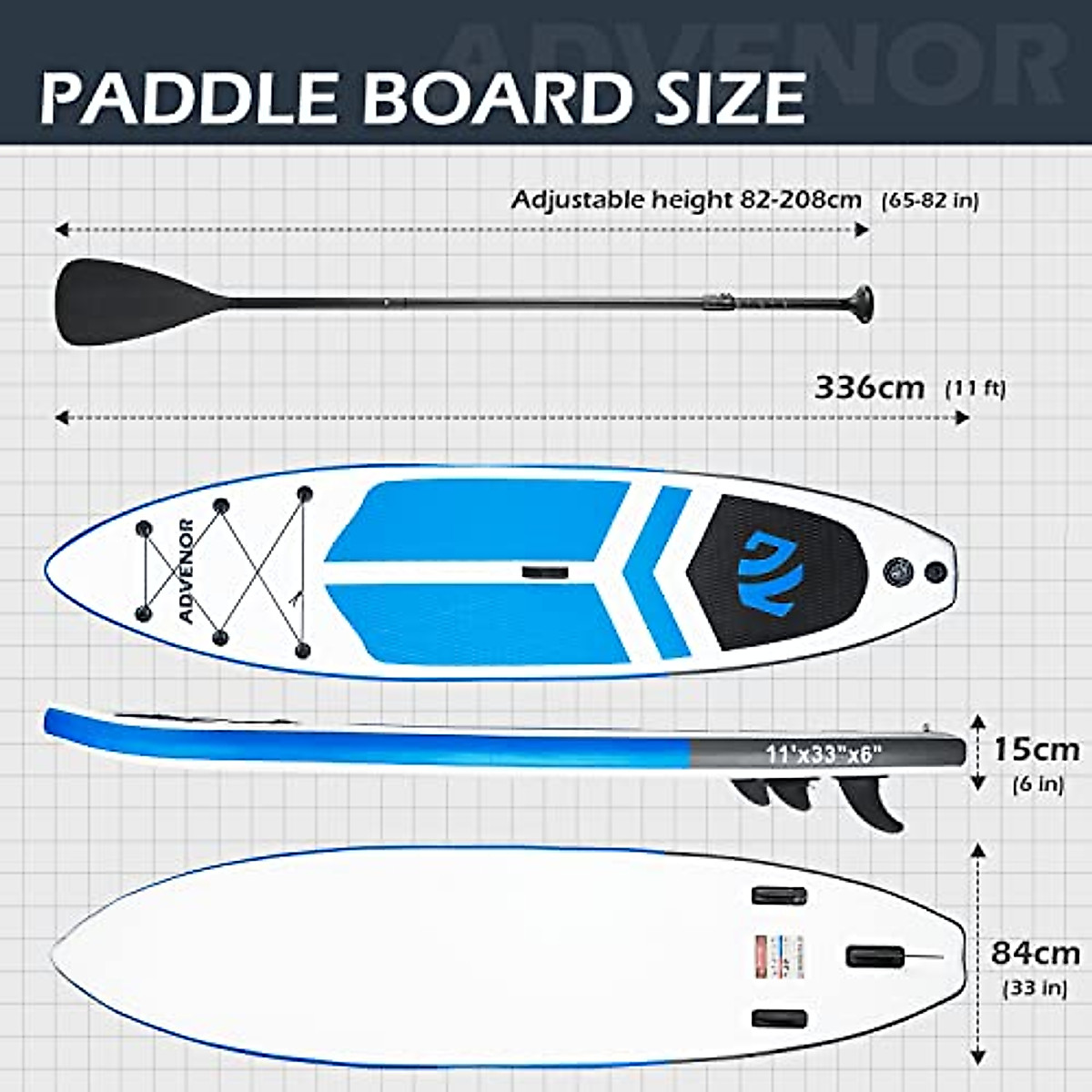 ADVENOR Paddle Board 11'x33 x6 Extra Wide Inflatable Stand Up with SUP Accessories Including Adjustable Paddle,Backpack,Waterproof Bag,Leash,and Hand Pump,Repair Kit (Blue)