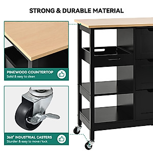YITAHOME Kitchen Island with Storage, Kitchen Cart for Home, Rolling Serving Utility Trolley Cart on Wheel with 3 Drawers and 3 Storage Shelves, Kitchen Serving Cart for Dining Room, Bar, Black
