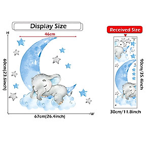 Cute Blue Sleeping Baby Elephant Wall Stickers, sacinora Moon and Stars DIY Art Wall Decals Removable Vinyl Peel and Stick for Kids Baby Boys Nursery Bedroom Toddler Room Decorations
