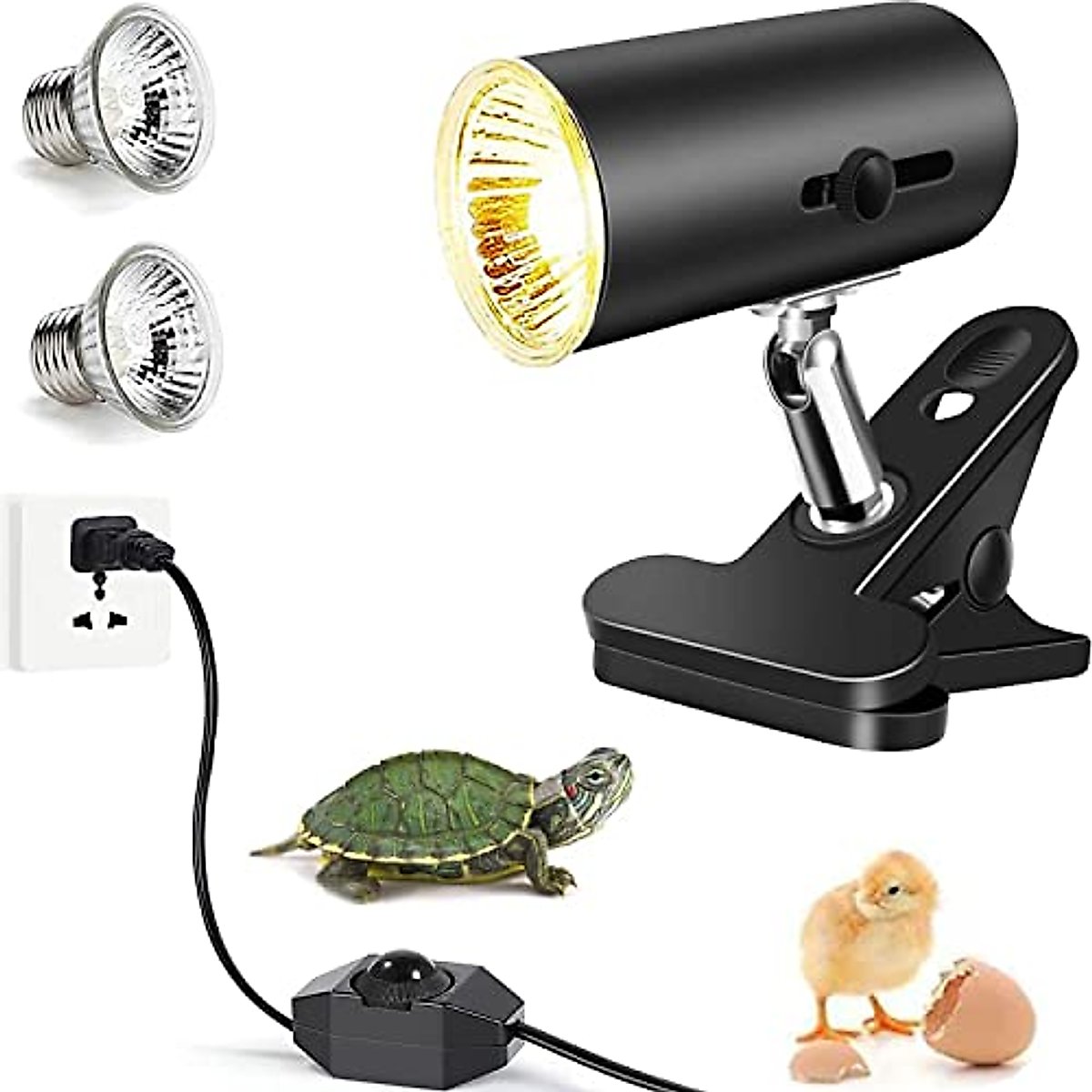 KABASI Reptile Heat Lamp Fixture with 2 Bulbs, UVA + UVB Full Spectrum Sun Lamp with 360°Rotatable Clips and Dimmable Switch, Basking Spot Heating Light Lamp for Lizard Turtle Snake Amphibian, 25W+50W