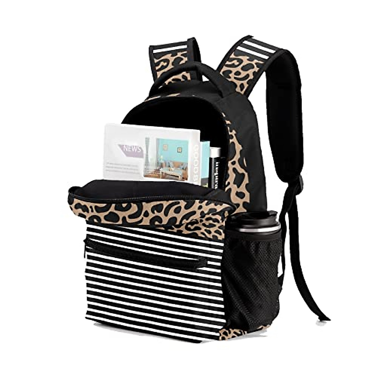 Custom Kid Backpack, Black White Striped Leopard Personalized School Bookbag with Your Own Name, Customization Casual Bookbags for Student Girls Boys