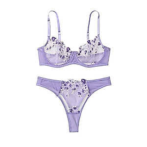 WDIRARA Women's Floral Embroidery Underwire 2 Piece Lingerie Set Mesh Bra and Panty Set Purple M