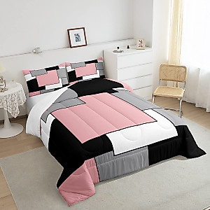 Geometric Queen Comforter for Kids Teens,Mid Century Abstract Bedding Set Modern Pink Grey Black Grey Bedding Comforter Sets for Home Room Decor Geometry Lines Striped Duvet Insert with 2 Pillowcases