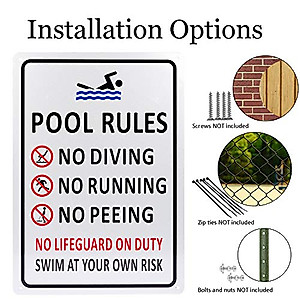 Kichwit Pool Rules Sign for Outdoor, Backyard Metal Swimming Pool Sign, No Diving No Running No Peeing No Lifeguard on Duty Sign, Aluminum, Weather Resistant, 9.4 x 13.4 Inches, Silver