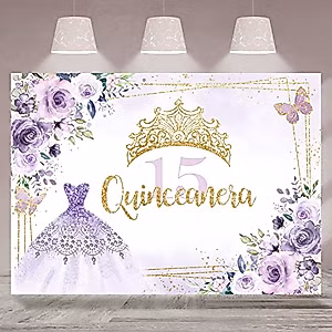 Rsuuinu Quinceañera 15th Birthday Backdrop Purple Floral Rose Gold Spots Photography Background Mexico Flower Fifteen Crown Princess Birthday Party Decorations Banner Supplies Photo Booth Props 7x5ft