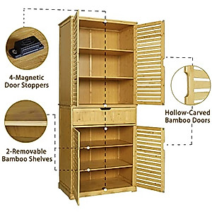 MUPATER Kitchen Pantry Storage Cabinet Microwave Hutch, 72'' Freestanding Bamboo Hutch Cabinet Buffet Cupboard Tall with Drawer and Doors for Home Kitchen Living Room