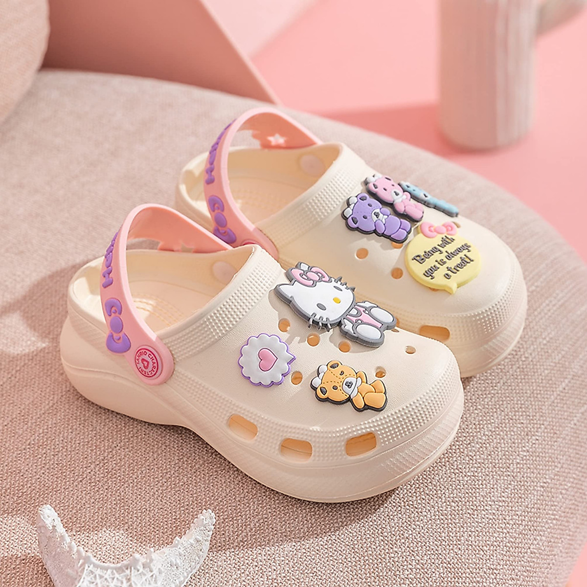 Everyday Delights Sanrio Hello Kitty Bears Clogs Slip on Water Shoes Casual Summer for Girls Kids Children - White XL Size