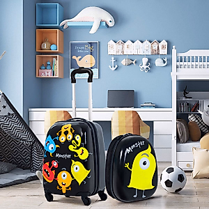 GYMAX Kids Carry On Luggage Set, 12" & 16" 2PCS Rolling Suitcase (Monster)