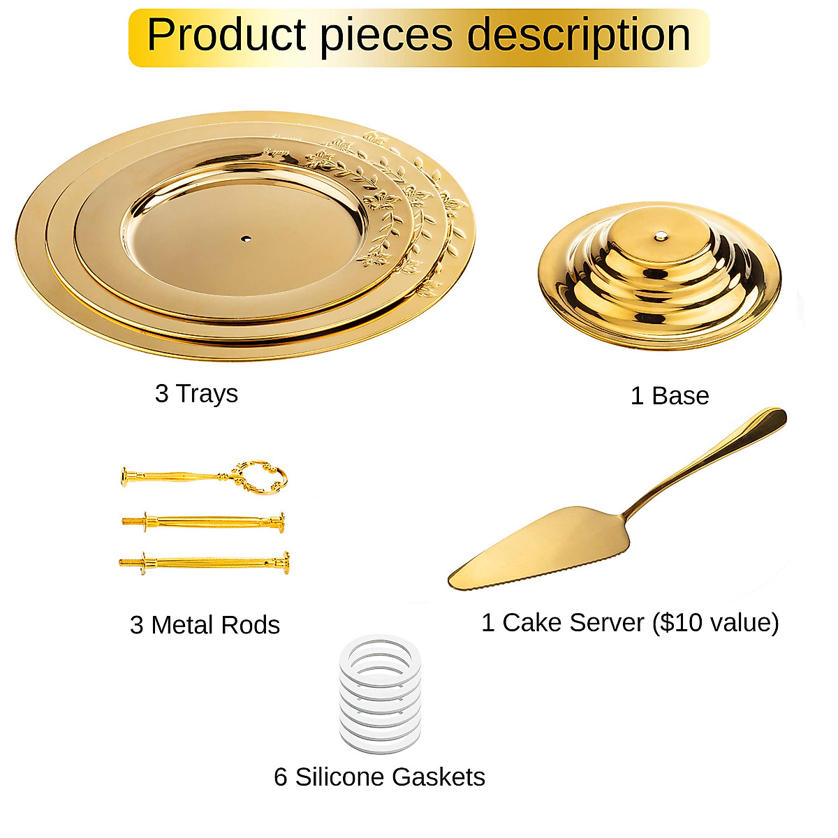 AKSHITHAA Large Food Grade Stainless Steel Three Tier Gold Cupcake Stand-Gold Dessert Stand-Gold Serving Tray-Three Tiered Gold Cake Stand for Weddings with Extra Gold Cake Server, Dishwasher Safe