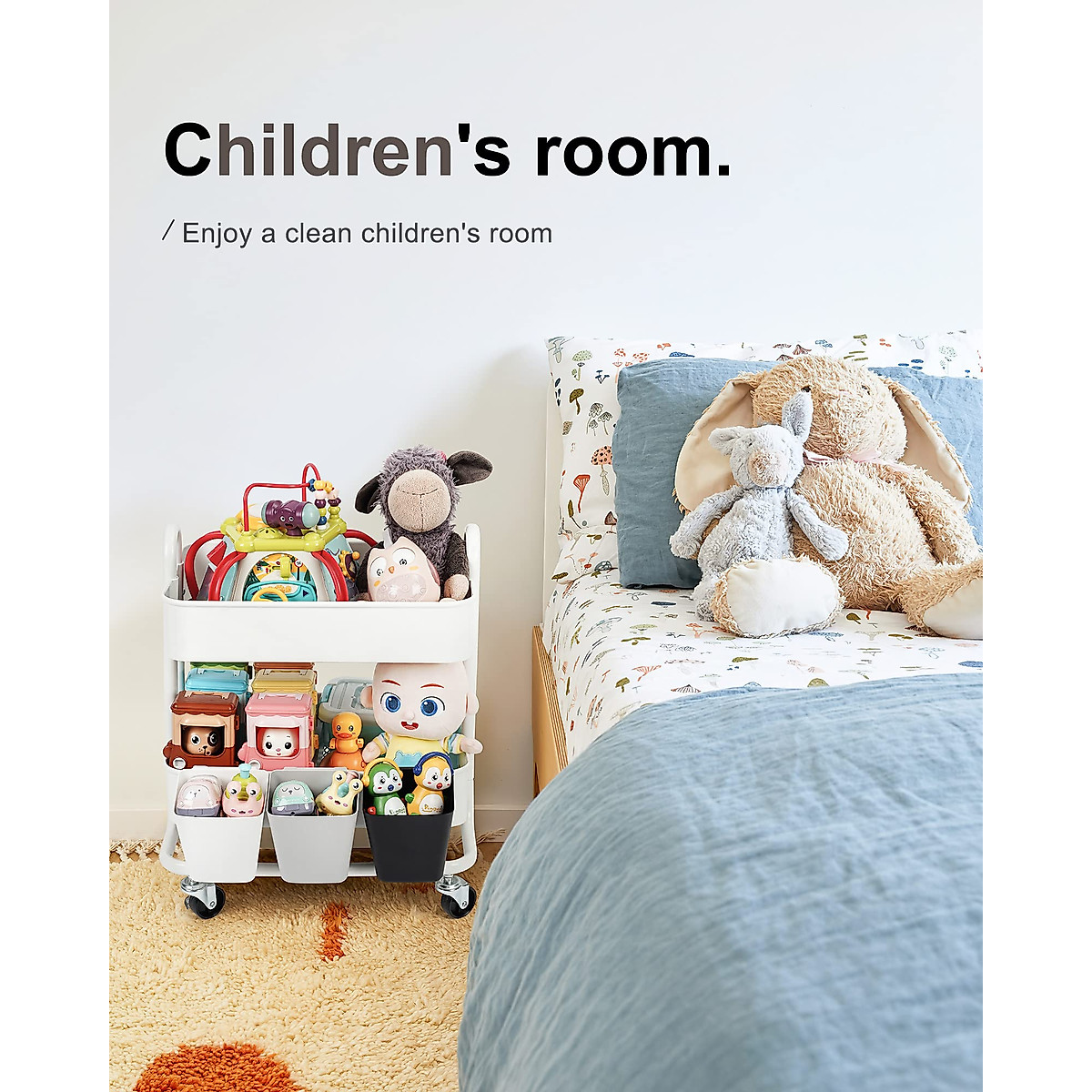 2-Tier Rolling Cart with Wheels, G-Hemobel Metal Utility Cart with 3 Hanging Cups and 2 Lockable Wheels, Organizer Cart with Multi-Functional Storage, White