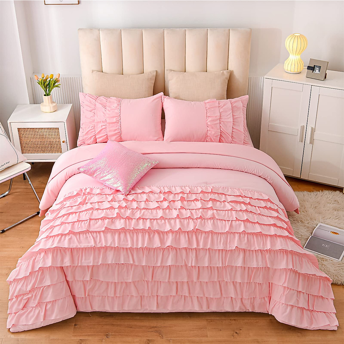 A Nice Night Waterfall Flutter Ruffle Comforter Set,Ruffled Textured Soft Chic Princess 6pcs Bedding Set,with Bling Shiny Sequin Throw Pillow Case,Pink,Twin