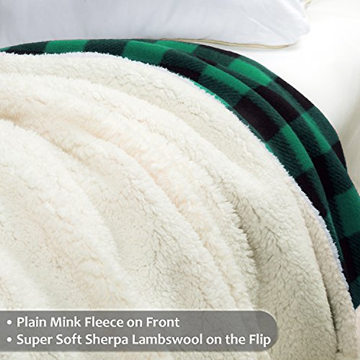 Catalonia Buffalo Plaid Green Sherpa Throw Blanket, Reversible Soft Fuzzy Comfy Snuggly Throws for Couch, 50x60 inches, St. Patrick Gift